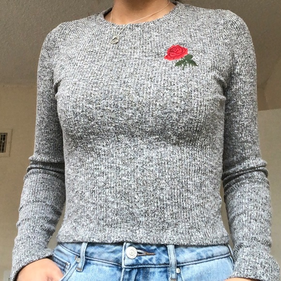 Brandy Melville | Tops | Grey Long Sleeve Flower Embroidered Sweater ...